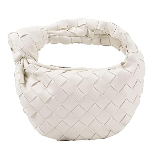 Women's Hobo Handbags Purse Soft PU Leather Women's Shoulder Handbags Woven Handbag Mini Knotted Woven Hobo Bag (White)