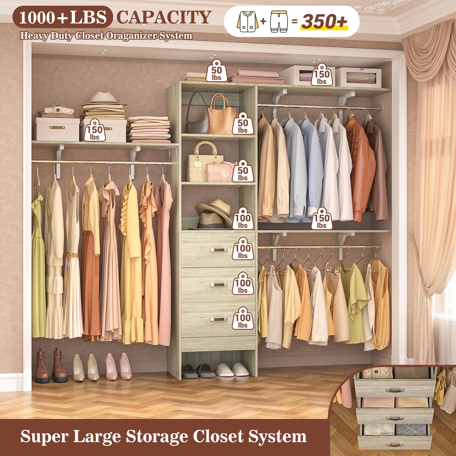 Armocity 96 Inches Closet System, 8FT Walk In Closet Organizer with 3 Shelving Towers, Heavy Duty Clothes Rack with 3 Drawers, Built-In Garment Rack, 96"L x 16"W x 75"H, Load 1000 LBS, White Oak