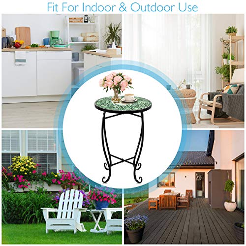 GRAFFY Outdoor Mosaic Side Table, 14 Inch Patio End Table, Round Printed Glass Table with Steel Frame for Garden/Yard/Lawn/Balcony and Home Decor Small End Table (Green)