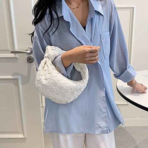Women's Hobo Handbags Purse Soft PU Leather Women's Shoulder Handbags Woven Handbag Mini Knotted Woven Hobo Bag (White)