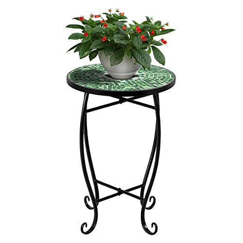 GRAFFY Outdoor Mosaic Side Table, 14 Inch Patio End Table, Round Printed Glass Table with Steel Frame for Garden/Yard/Lawn/Balcony and Home Decor Small End Table (Green)