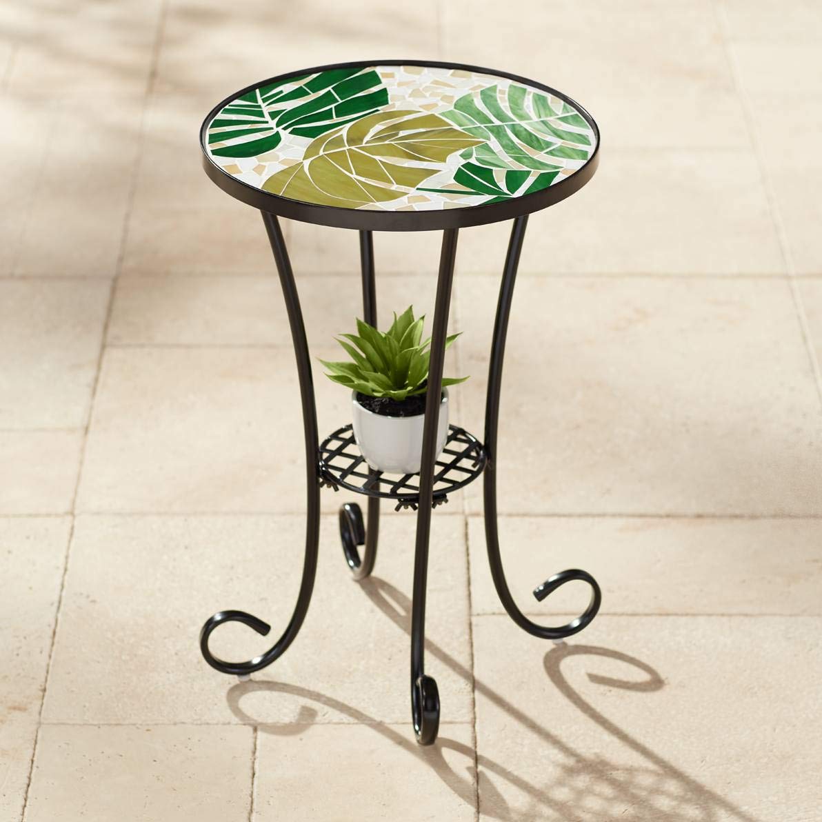 Teal Island Designs Tropical Leaves Black Metal Round Outdoor Accent Side Table 14" Wide Green Mosaic Tabletop Gracefully Curved Legs for Spaces Front Porch Patio Home House Balcony Deck Shed Yard