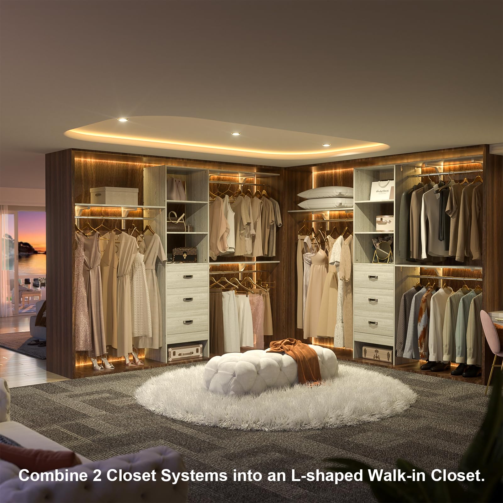 Armocity 96 Inches Closet System, 8FT Walk In Closet Organizer with 3 Shelving Towers, Heavy Duty Clothes Rack with 3 Drawers, Built-In Garment Rack, 96"L x 16"W x 75"H, Load 1000 LBS, White Oak