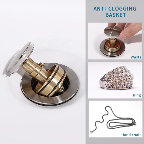 ERRTT Pop-Up Drain Stainless Steel with Overflow Anti-Clogging for Vessel Sink Lavatory Vanity Sink Drain with Strainer Basket, Brushed Nickel