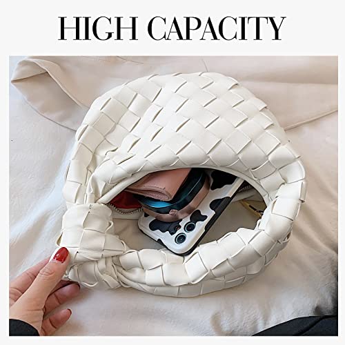Women's Hobo Handbags Purse Soft PU Leather Women's Shoulder Handbags Woven Handbag Mini Knotted Woven Hobo Bag (White)