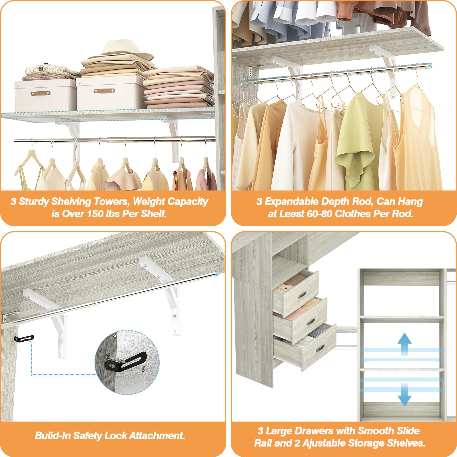 Armocity 96 Inches Closet System, 8FT Walk In Closet Organizer with 3 Shelving Towers, Heavy Duty Clothes Rack with 3 Drawers, Built-In Garment Rack, 96"L x 16"W x 75"H, Load 1000 LBS, White Oak