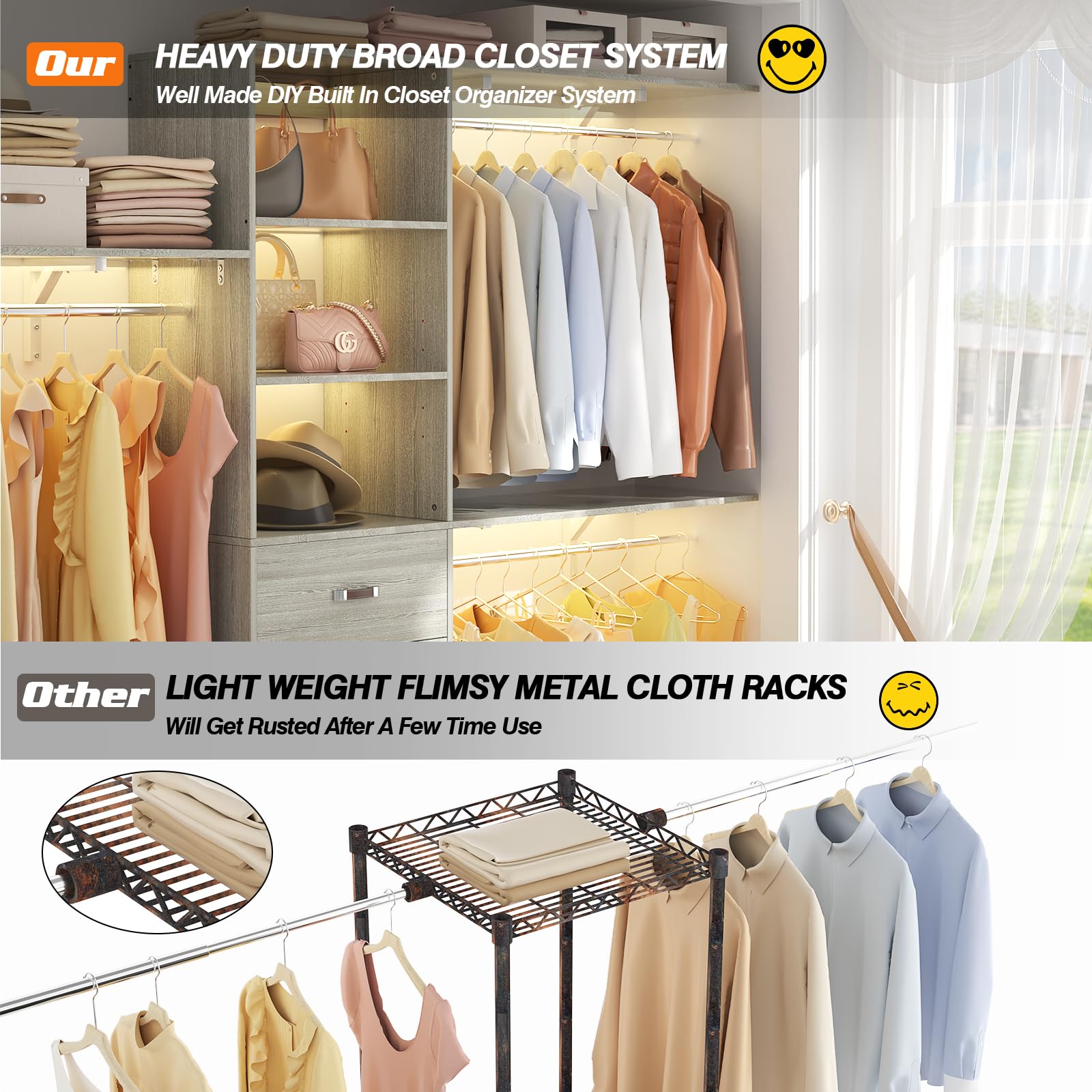 Armocity 96 Inches Closet System, 8FT Walk In Closet Organizer with 3 Shelving Towers, Heavy Duty Clothes Rack with 3 Drawers, Built-In Garment Rack, 96"L x 16"W x 75"H, Load 1000 LBS, White Oak