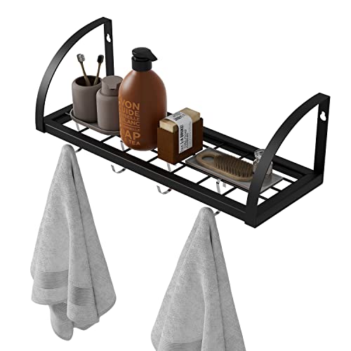 JOIN IRON Floating Wall Shelves Set of 1,Black Floating Shelves, Bathroom Rack with Hook,Wall Shelves for Bathroom/Living Room/Kitchen/Bedroom