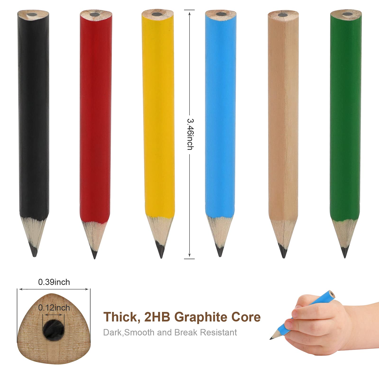 OPIHAZAT Short Triangular Fat Pencils,6 Pcs Jumbo Wood Pencils for Writing and Drawing, 3.5 Inch Pencils for Kids Preschoolers Toddlers Kindergarten with Eraser and Sharpener