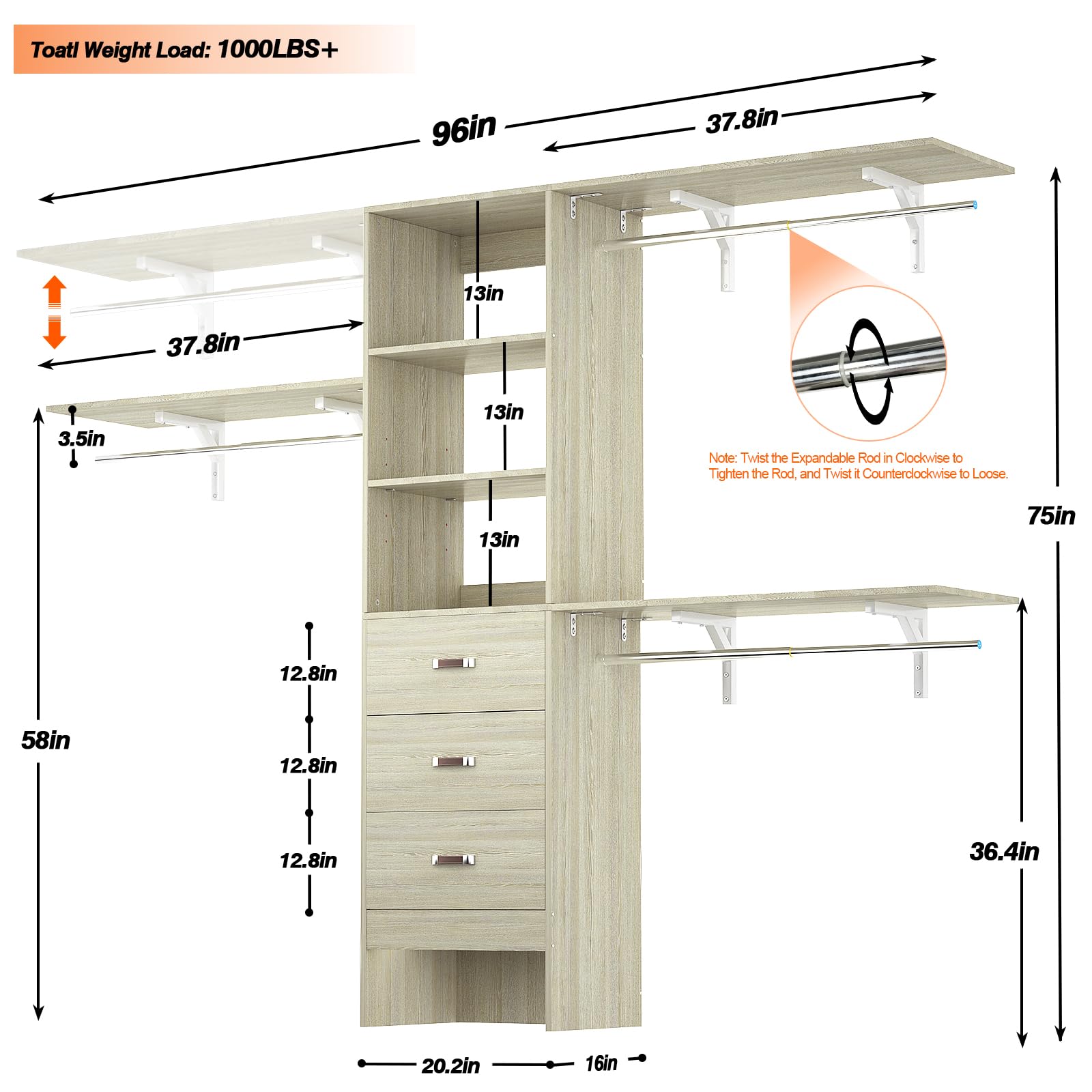 Armocity 96 Inches Closet System, 8FT Walk In Closet Organizer with 3 Shelving Towers, Heavy Duty Clothes Rack with 3 Drawers, Built-In Garment Rack, 96"L x 16"W x 75"H, Load 1000 LBS, White Oak
