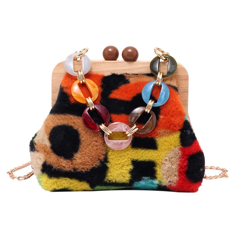 2022 Women's Plush Shoulder Bag Fashion Fluffy Cross-body Bag Soft Date Bag Chain Tote, Y2K Tote Bag Wooden Clip Bag (Colored)