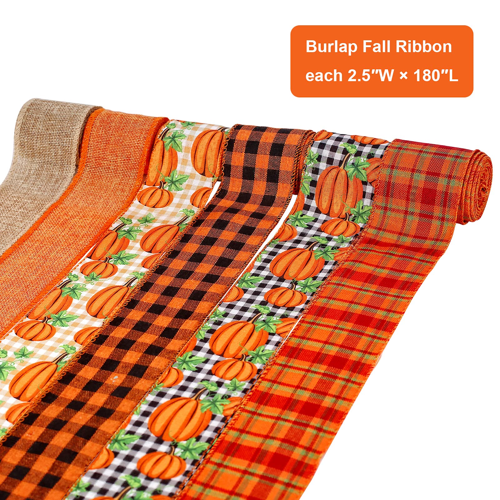 6 Rolls 30 Yards Fall Burlap Ribbon, 2.5″W Buffalo Plaid Wired Edge Ribbon with Pumpkin Pattern Thanksgiving Theme Craft Ribbon Rustic Autumn Harvest Ribbon for Wrapping Gifts Making Wreath Bow