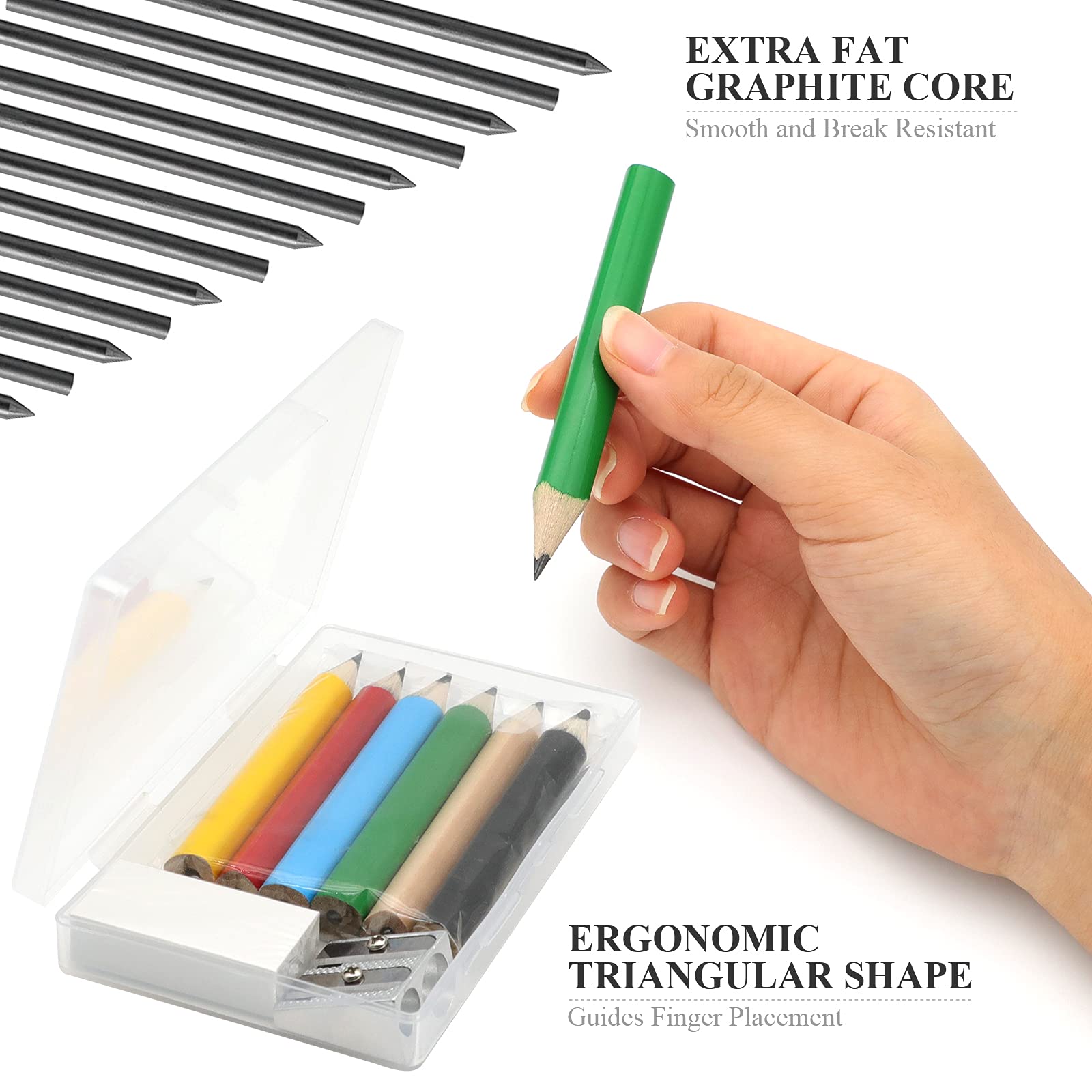 OPIHAZAT Short Triangular Fat Pencils,6 Pcs Jumbo Wood Pencils for Writing and Drawing, 3.5 Inch Pencils for Kids Preschoolers Toddlers Kindergarten with Eraser and Sharpener