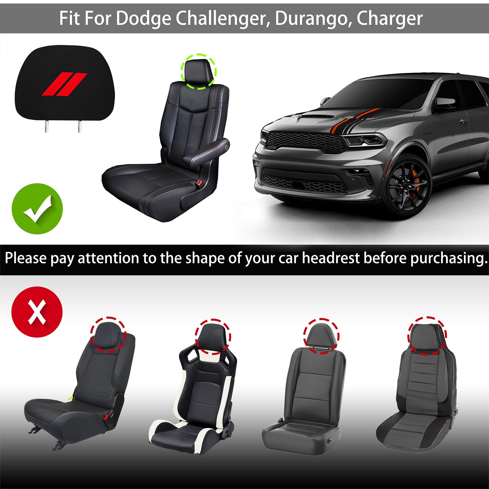 YOSRTER Headrest Covers for Dodge Charger Challenger Durango Accessories Soft Black Fabric Head Rest Cover Universal Fit to All Car/Truck Models 2 Pack(Red Trim)