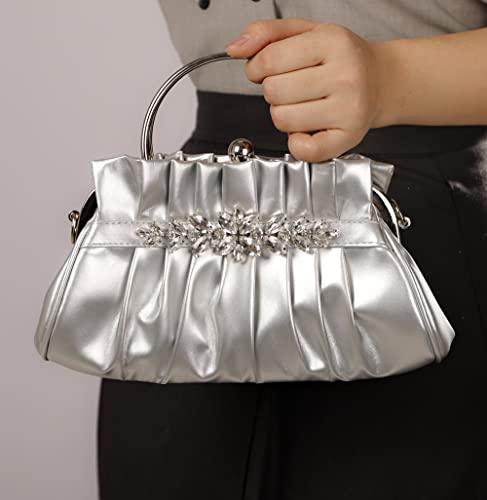Sither Small Color Handbag Purses for Women Leather Handbag Purses with Crystal Clutch Purses Shoulder Chain Bags for Daily Party Prom Christmas Gift (silver)