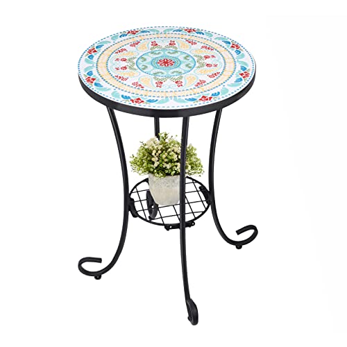 VCUTEKA Outdoor Side Table Mosaic Patio Table Accent Table Mosaic Tile Top Metal Frame Small End Table Porch Beach Patio Garden Balcony Beige 14''