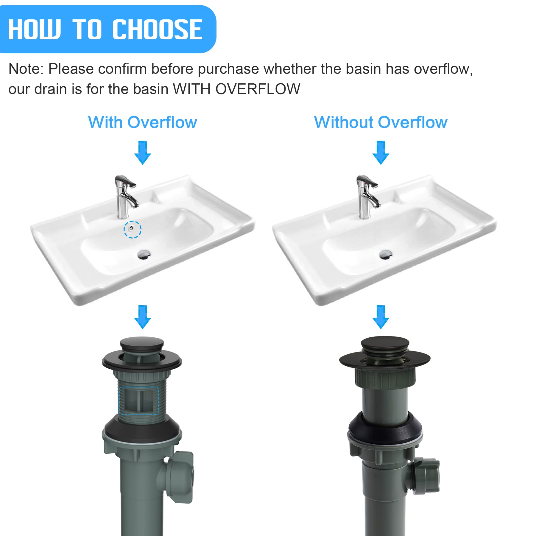 Bathroom Sink Drain with Overflow, Push and Seal Pop Up Drain Stopper Lift Rod, 2 Pack Bathroom Lavatory Vanity Vessel Drain Compatible with Moen, American Standard, Universal Drain Hole, Matte Black