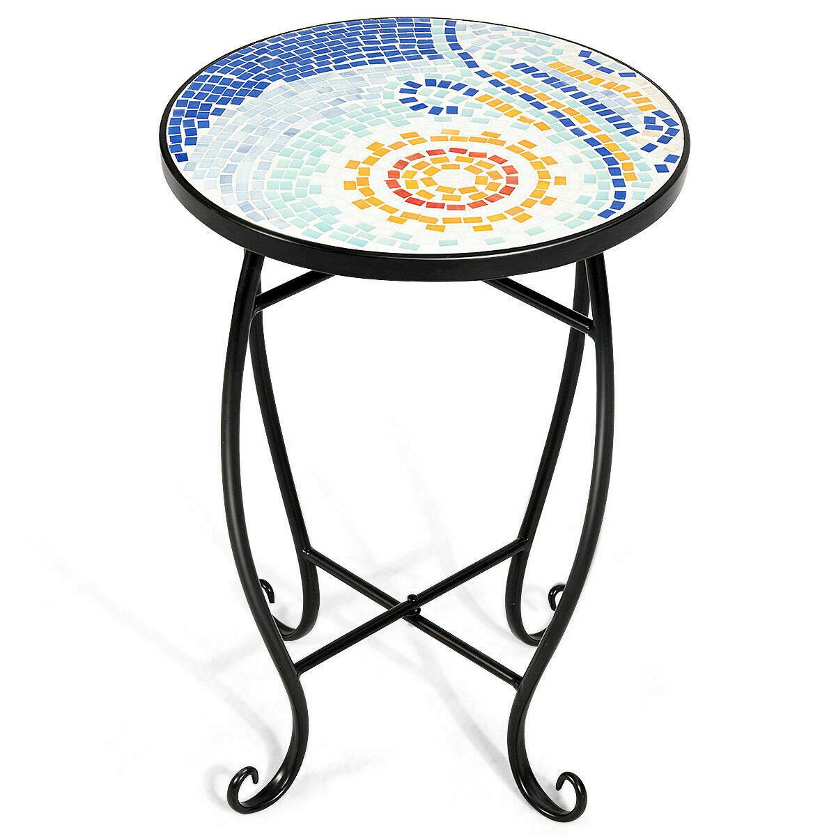 Modern Outdoor Indoor Round Accent Table Plant Stand Scheme Garden Steel Ocean Inlaid Glass Mosaic Top Patio Piece, Plant Stand