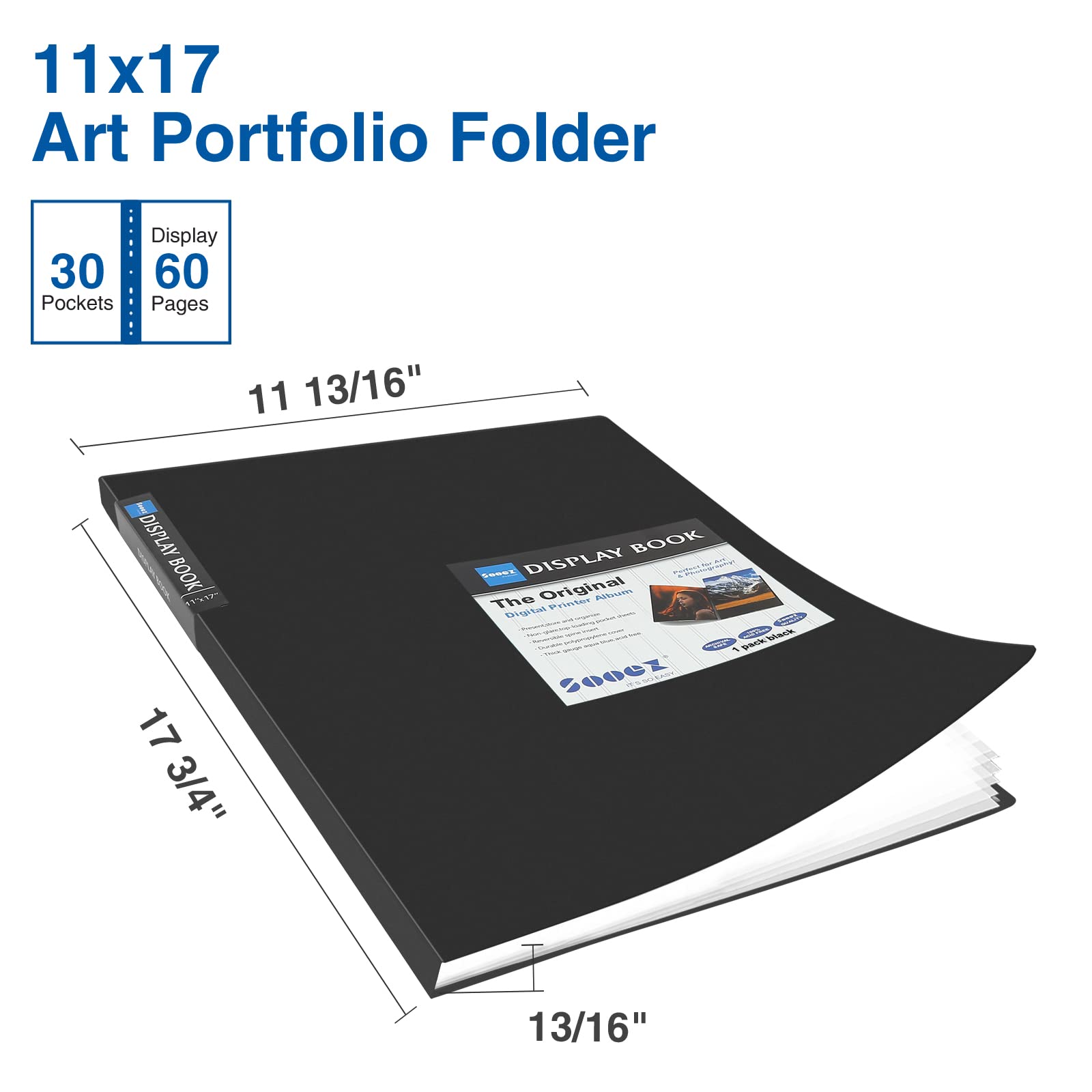 Sooez Art Portfolios 11"x17", Large Portfolio Folder with 30 Pockets & Black Inner Sheets, Display 60 Pages, 11 x 17 Presentation Book for Artwork Storage, Binder with Plastic Sleeves for Artist