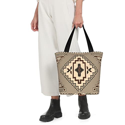 Beige Navajo Traditional Geometric Women's Shoulder Handbag Casual Tote Bag Storage Handle Bag