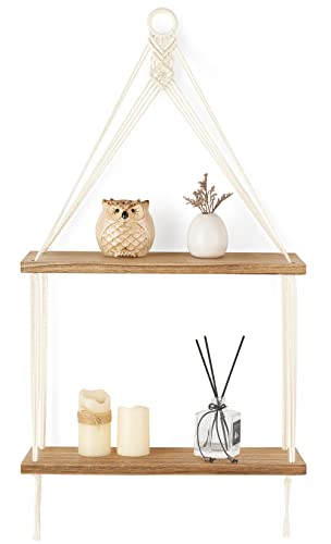 Mkono Macrame Hanging Shelf Boho Wall Decor 2 Tier Handmade Cotton Rope Rustic Wood Floating Shelves Display Photos Plants Hanging Storage Shelving for Living Room Nursery Bathroom Bedroom