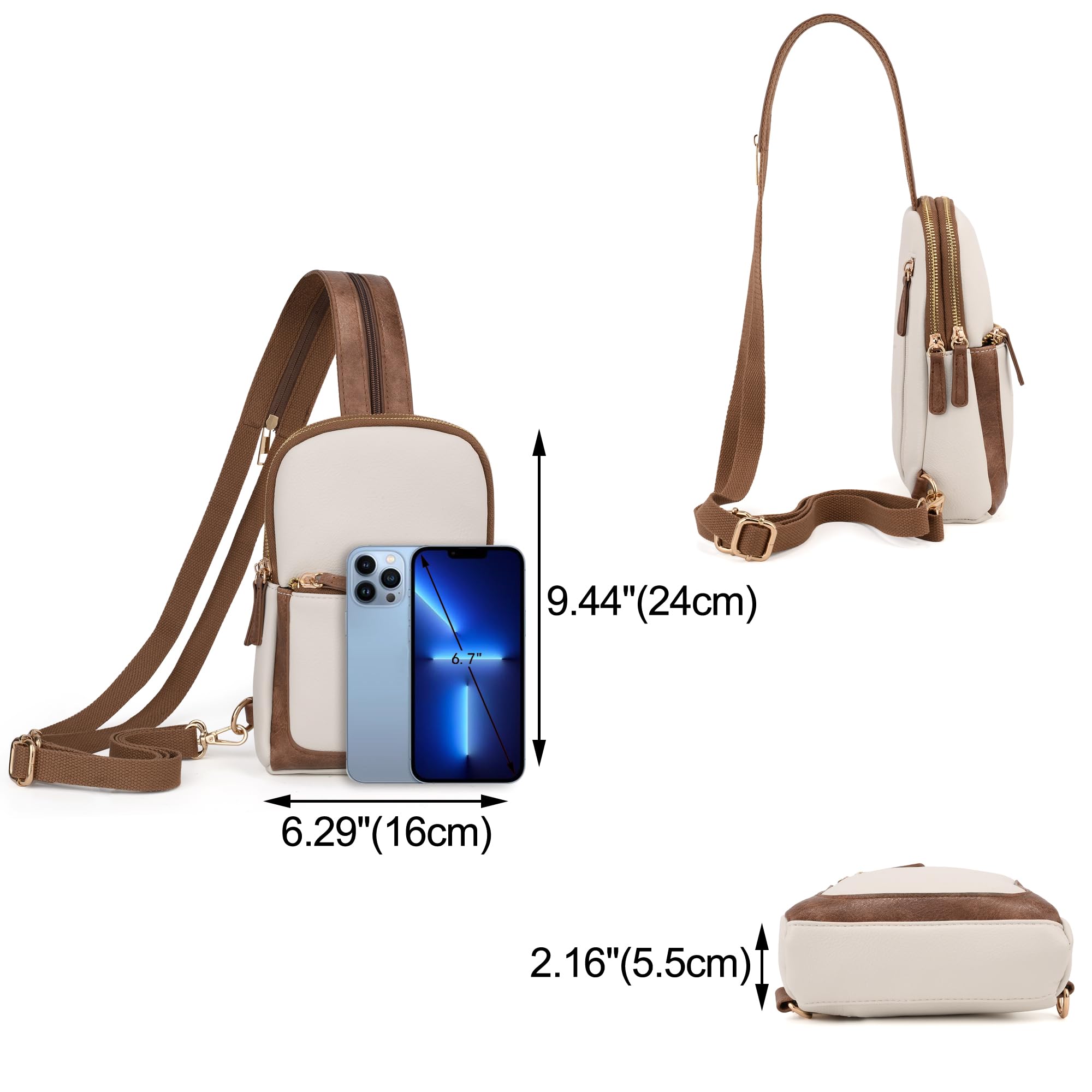 UTO Sling Bag for Women Crossbody Trendy Chest Belt Bag Convertible Backpack Purse with Wide Shoulder Zip Straps