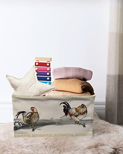 1 PC Large Storage Basket Bins Waterproof Fabric, Rooster Ink Painting Rectangular Storage Box for Shelf Closet Organizer Chinese Farm Chicken Cock Plant