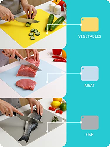 VOMAN Flexible Cutting Boards for Kitchen | Set of 3 | BPA-Free Cutting Mats for Cooking, Color Coded Cutting Board Mats | Non Slip Cutting Sheets | Plastic Cutting Board Set | Chopping Boards
