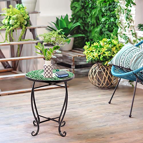 Giantex Outdoor Side Table, Mosaic Patio Table, 14inch Accent Table Plant Stand, Ceramic Tile Top Metal Frame, Small End Table Porch Beach Patio Garden Balcony Poolside