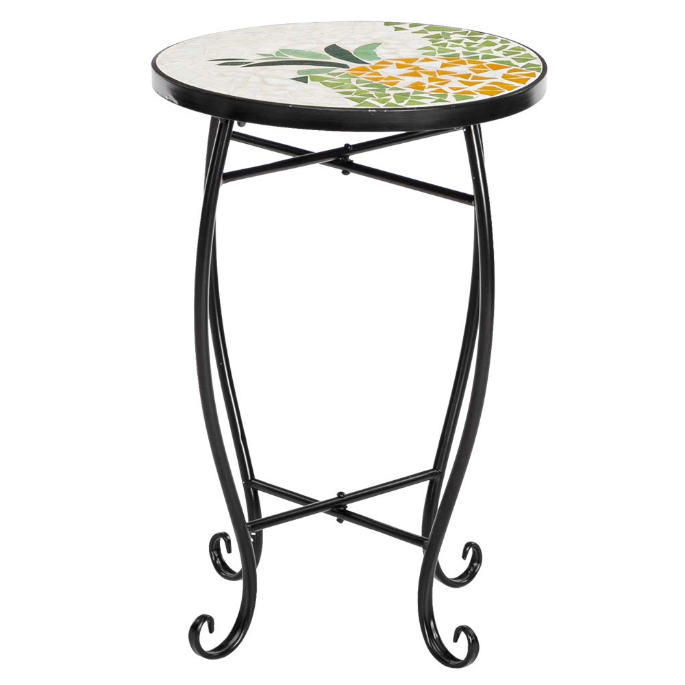 Mosaic Accent Table, 14" Round Side Table,End Table, Plant Stand Decor for Patio Porch Beach Theme Balcony Deck Pool Indoor Outdoor Coffee, Metal Cobalt Glass Top Black Iron,ColorPineapplePattern