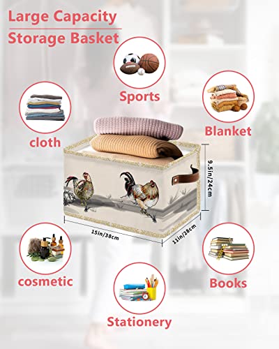 1 PC Large Storage Basket Bins Waterproof Fabric, Rooster Ink Painting Rectangular Storage Box for Shelf Closet Organizer Chinese Farm Chicken Cock Plant