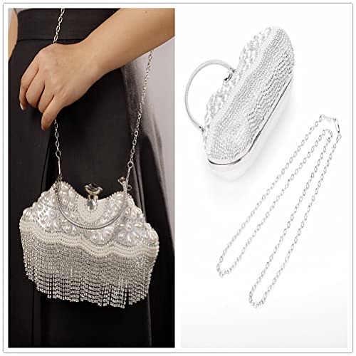 Sither Rhinestone Tassel Handbag Purses for Women Evening Handbag Purses Crystal Pearls Clutch Purses Sparkly Clutches Shoulder Chain Bags for Party Prom Christmas Gift (silver)