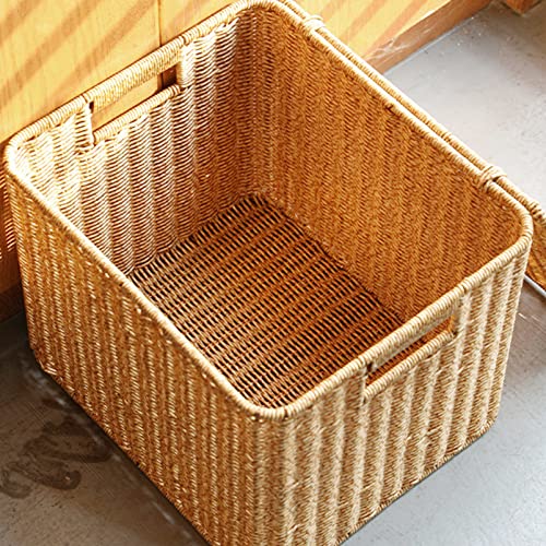 OUNONA Rattan Storage Basket with Lid Woven Shelf Baskets Plastic Handwoven Wicker Basket Organizer Boxes Home Decor for Makeup Clothes Home Items Shelves Organizing