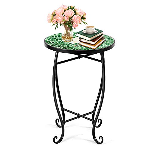Giantex Outdoor Side Table, Mosaic Patio Table, 14inch Accent Table Plant Stand, Ceramic Tile Top Metal Frame, Small End Table Porch Beach Patio Garden Balcony Poolside