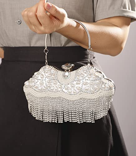 Sither Rhinestone Tassel Handbag Purses for Women Evening Handbag Purses Crystal Pearls Clutch Purses Sparkly Clutches Shoulder Chain Bags for Party Prom Christmas Gift (silver)