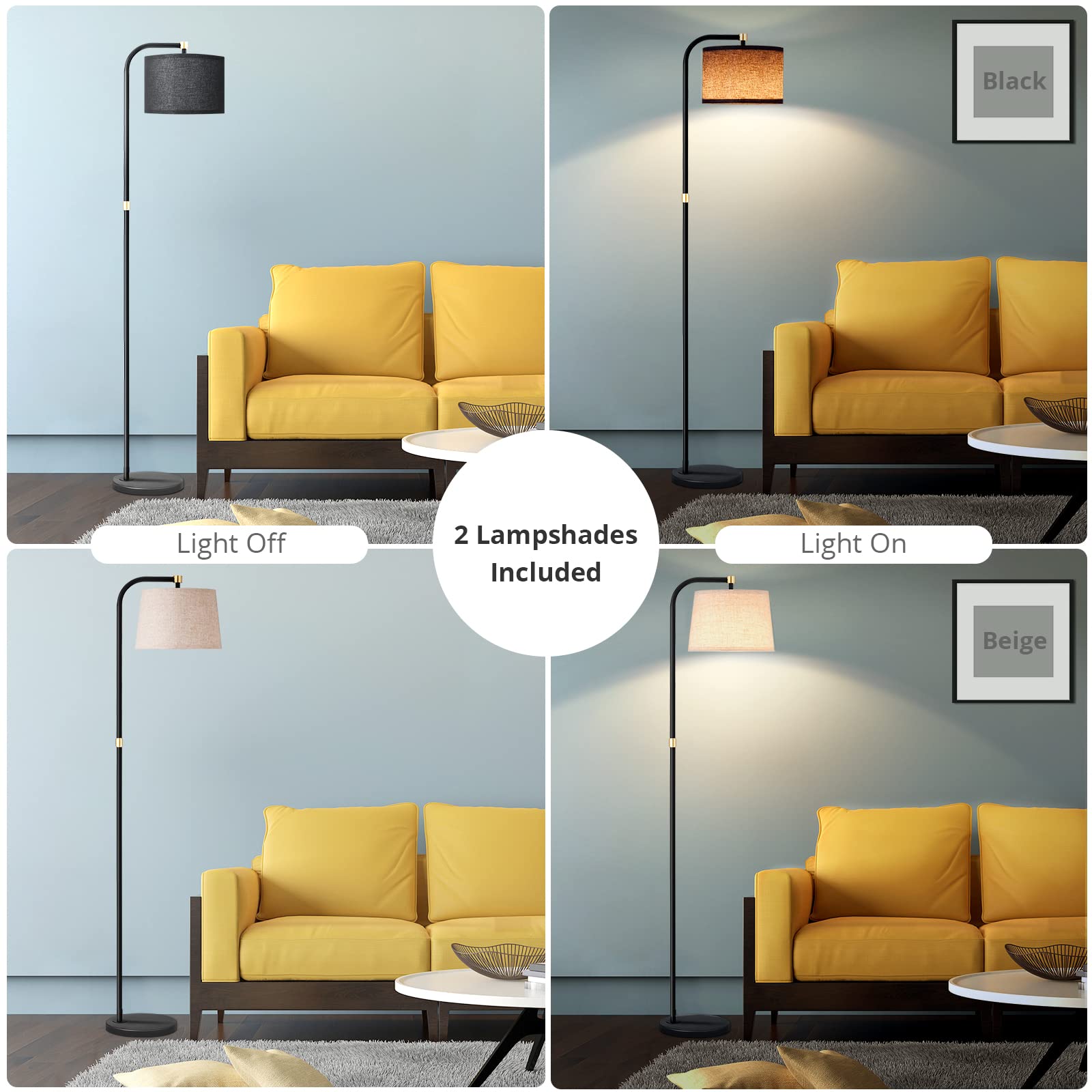 Meisoda Modern Metal Floor Lamp 2 Different Lamp Shades, Arc Standing Lamp 9W Dimmable 3 Color Temperature LED Bulb, LED Floor Lamps for Living Room, Bedroom and Office