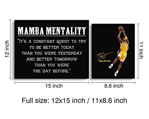 Kas Home 2 Pieces Mamba Mentality Wall Decor Kobe Bryant Poster Inspirational Wall Art Canvas Print Quotes Motivational Hanging Decoration Basketball Player Framed Artwork for Gym Office Boys Teens Room Wall Decor (Black - Mamba, 12 x 15 inch + 8.6 x 11 i