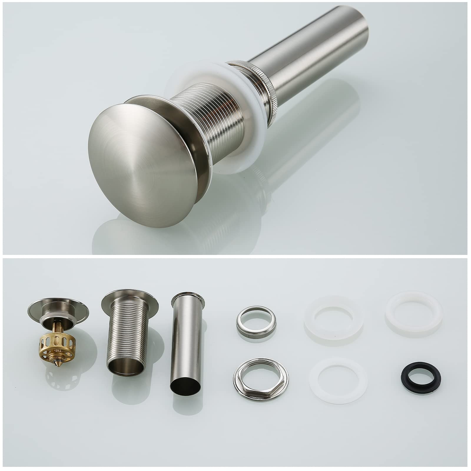 SWHYGER Pop Up Drain Assembly Brushed Nickel,Bathroom Sink Drain with Removable Brass Strainer Basket Without Overflow Vessel Basin Sink Drain Stopper,83606BN.