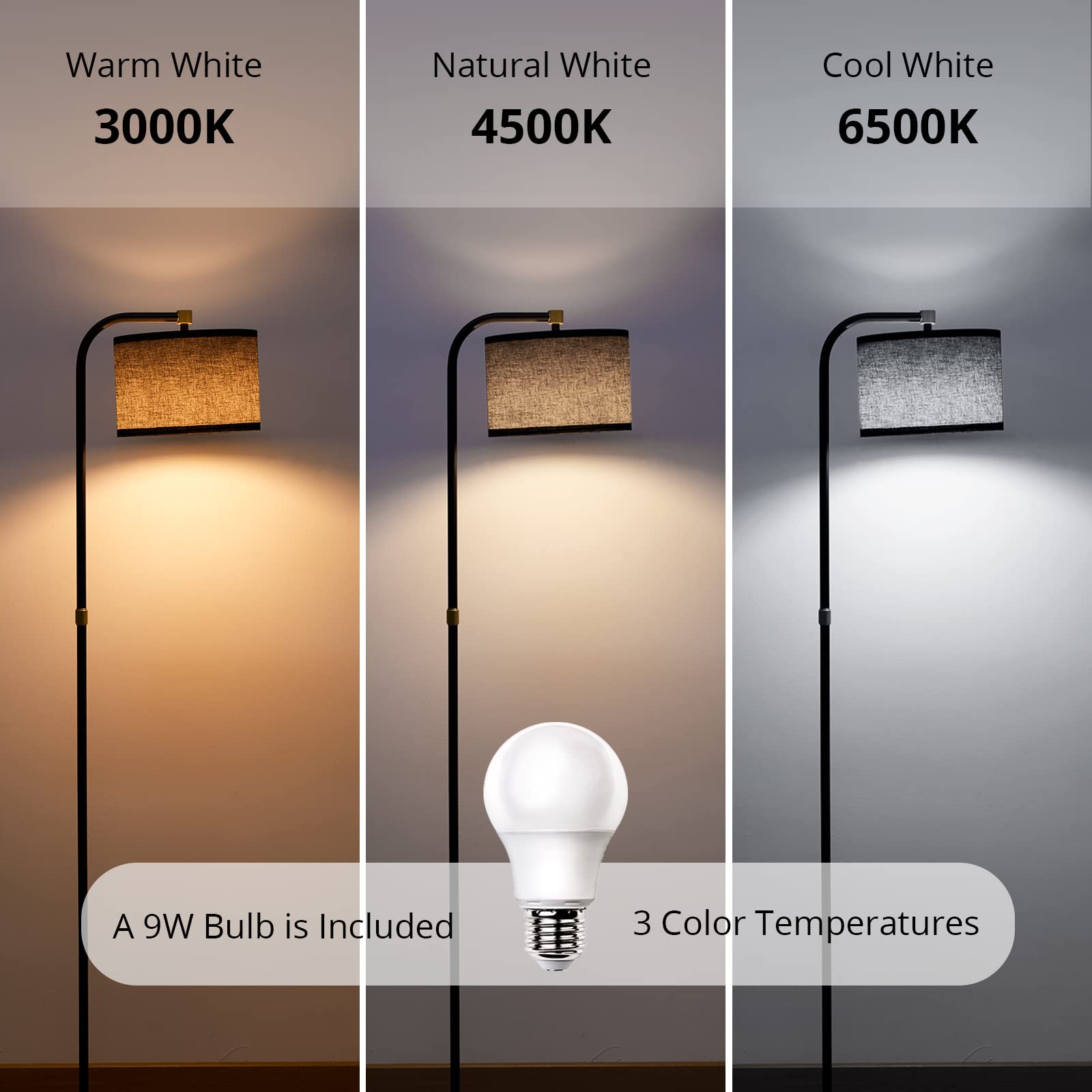 Meisoda Modern Metal Floor Lamp 2 Different Lamp Shades, Arc Standing Lamp 9W Dimmable 3 Color Temperature LED Bulb, LED Floor Lamps for Living Room, Bedroom and Office