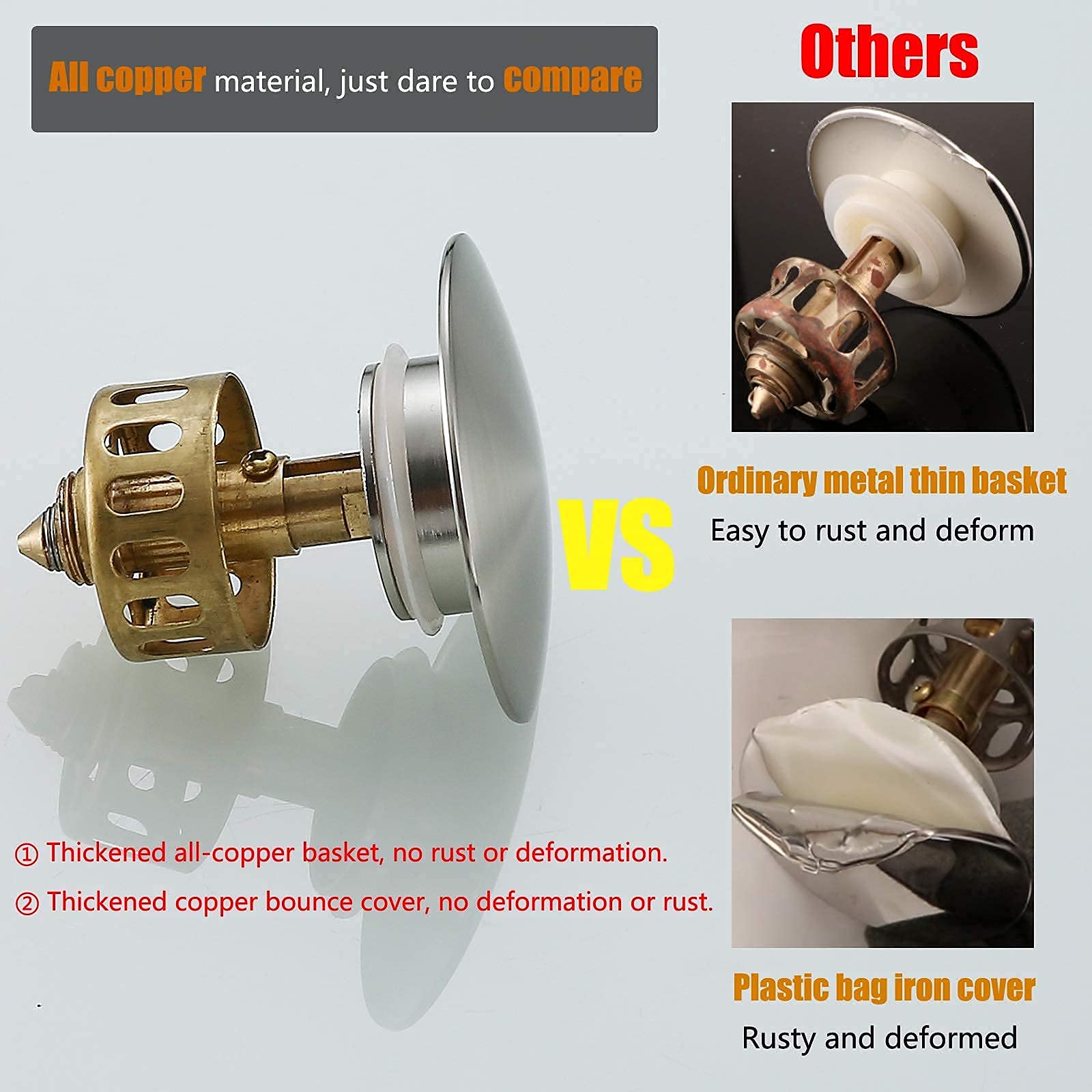SWHYGER Pop Up Drain Assembly Brushed Nickel,Bathroom Sink Drain with Removable Brass Strainer Basket Without Overflow Vessel Basin Sink Drain Stopper,83606BN.