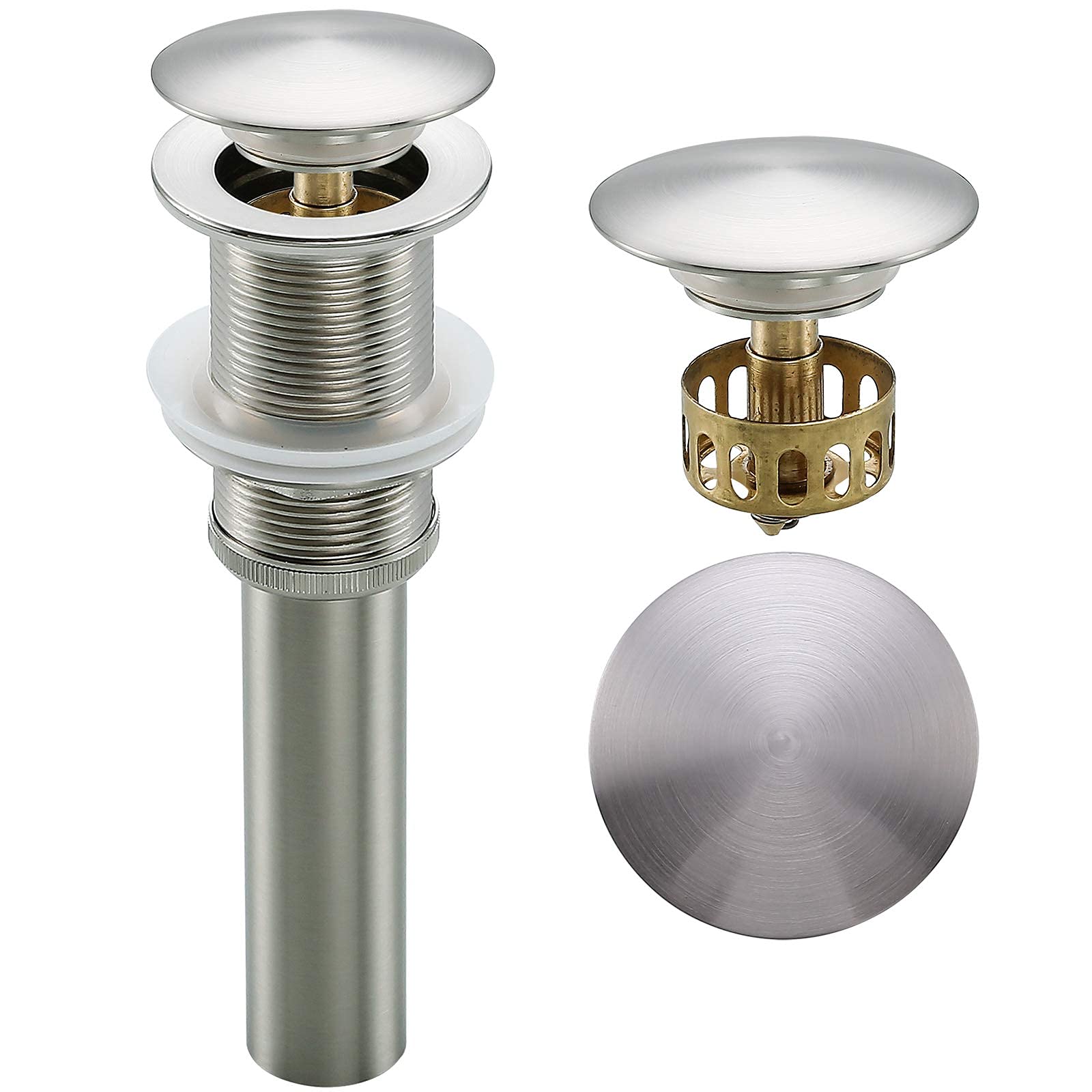 SWHYGER Pop Up Drain Assembly Brushed Nickel,Bathroom Sink Drain with Removable Brass Strainer Basket Without Overflow Vessel Basin Sink Drain Stopper,83606BN.