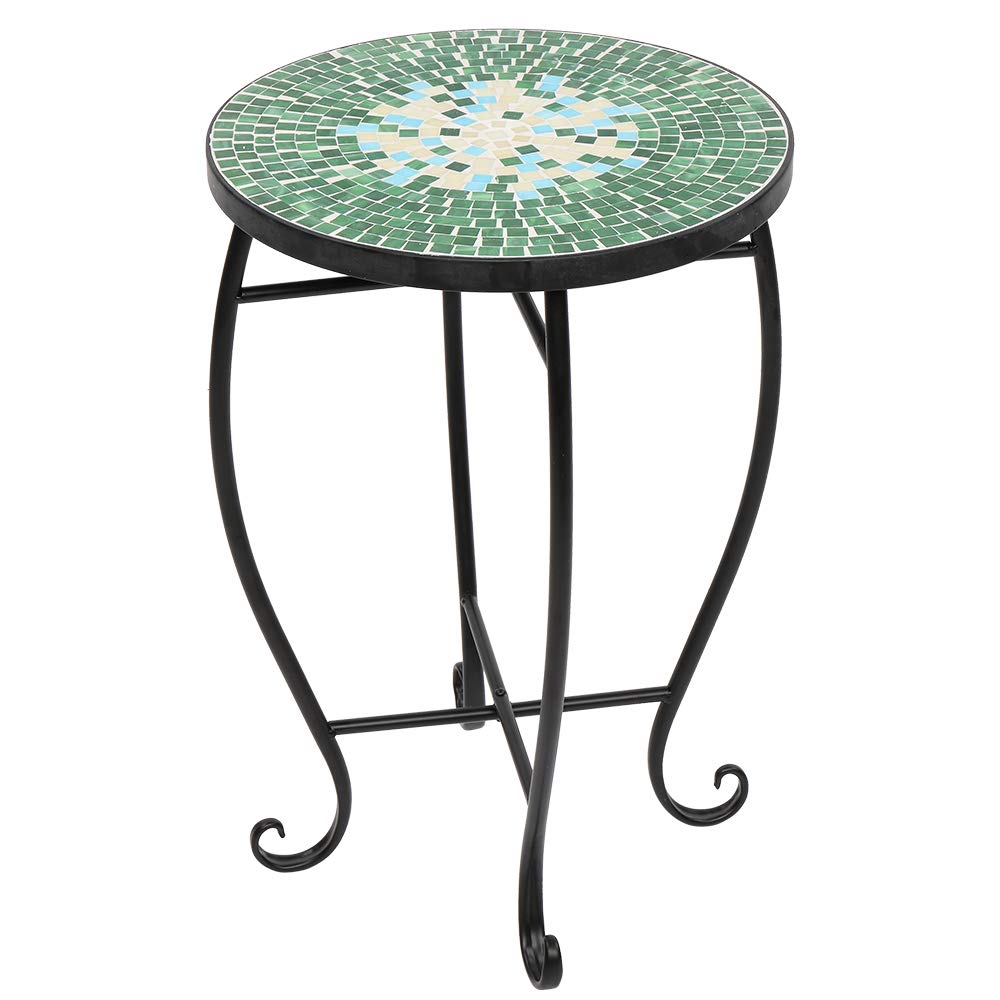 yzohu Birsppy Amuro Mosaic Accent Table Round Side Table, Wrought Iron Stained Glass Patio Flower Stand Outdoor Coffee End Table, Indoor Outdoor for Patio Lawn Garden Home (Green Surface)