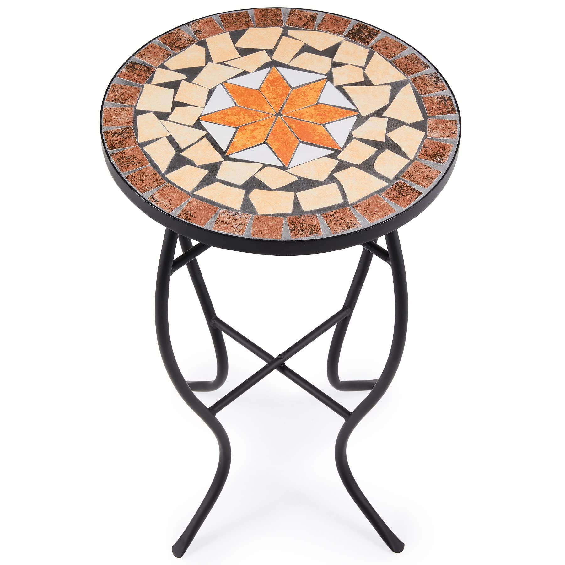 VONLUCE Mosaic Side Table and Plant Stand, 21" Round End Table with 14" Ceramic Tile Top, Indoor & Outdoor Accent Table, Porch Patio Furniture, Entryway & Coffee Table for Home & Garden, Maple
