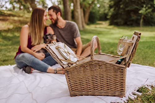 PICNIC TIME Piccadilly Picnic Basket - Romantic Picnic Basket for 2 with Picnic Set, (Natural Canvas)
