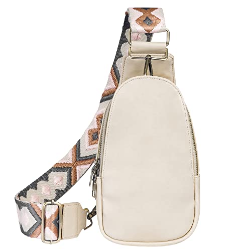 JXWENBYX Sling Bag for Women PU Leather Sling Bag Small Crossbody Sling Backpack Fashion Chest Bag for Traveling Hiking (Beige)