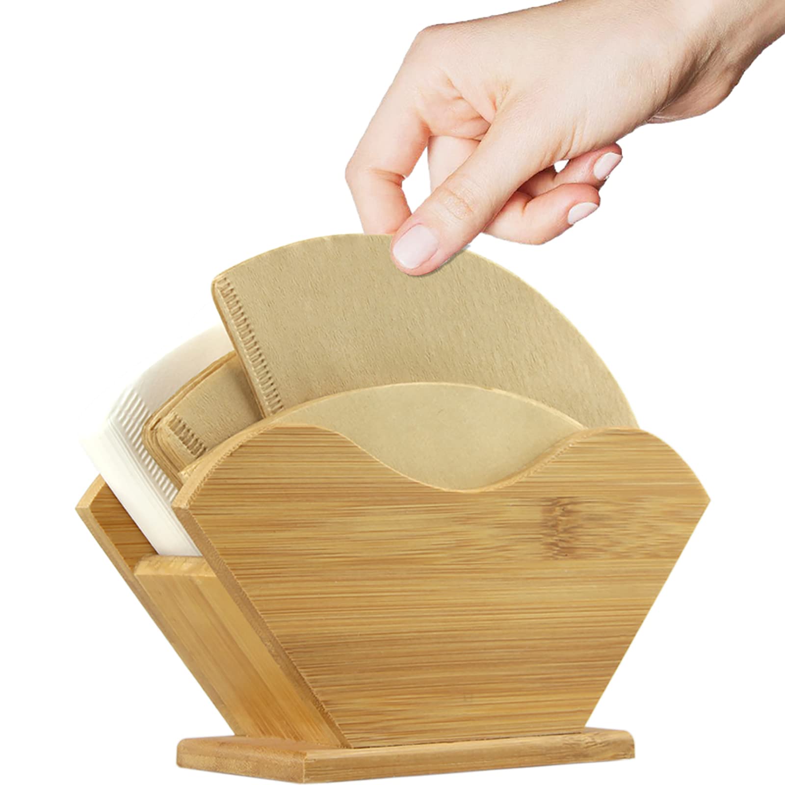 Unibene Bamboo Coffee Filter Holder, Renewable Stand Container Dispenser Rack Shelf for Square Cone-shaped and Flat-bottomed Pour Over Paper Filters