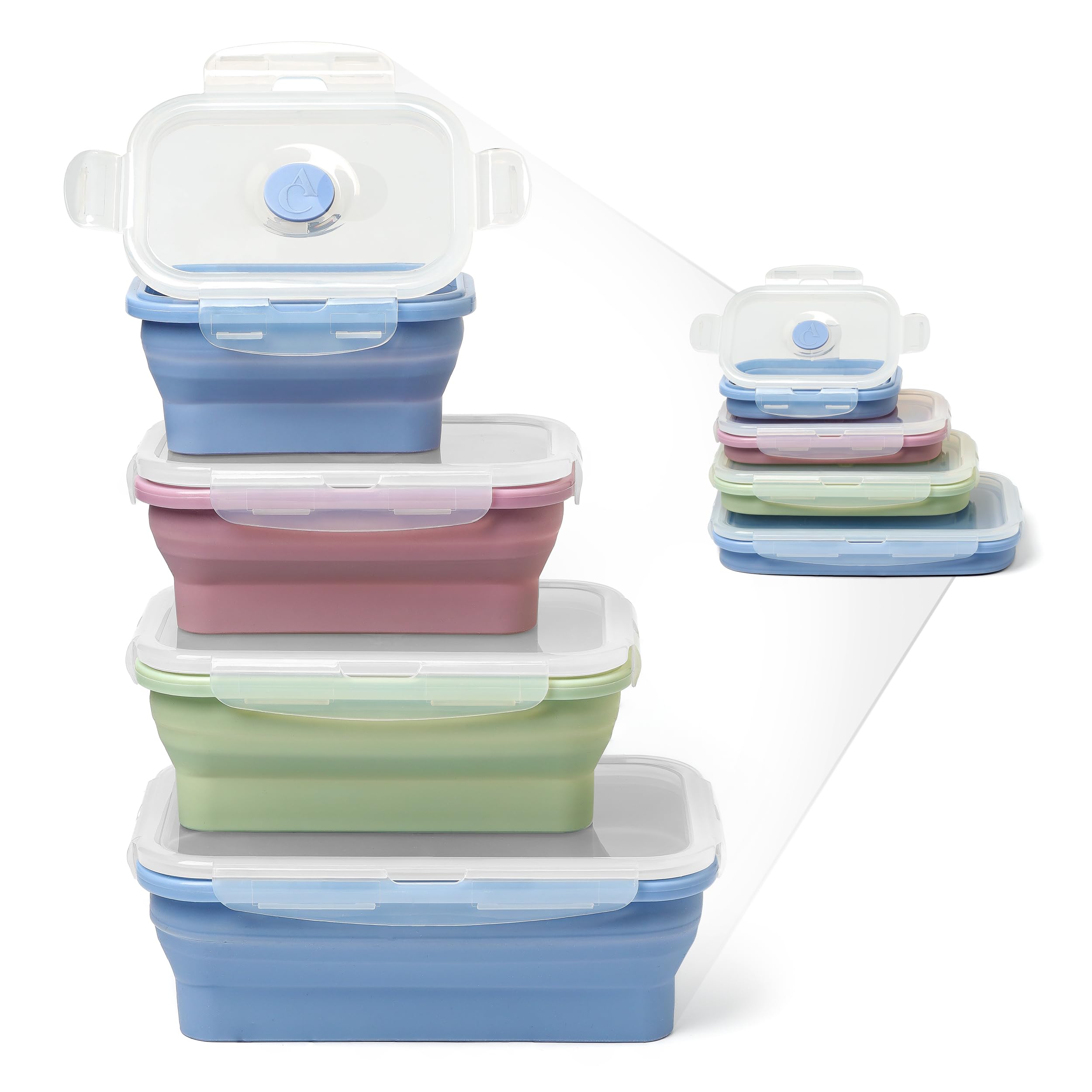 ICHC Set of 4 Collapsible Storage Containers - Space Saving Food Silicone Container, Flat Stacks, Travel Food Containers, Airtight Lunch Box With Lids, Stackable & Reusable