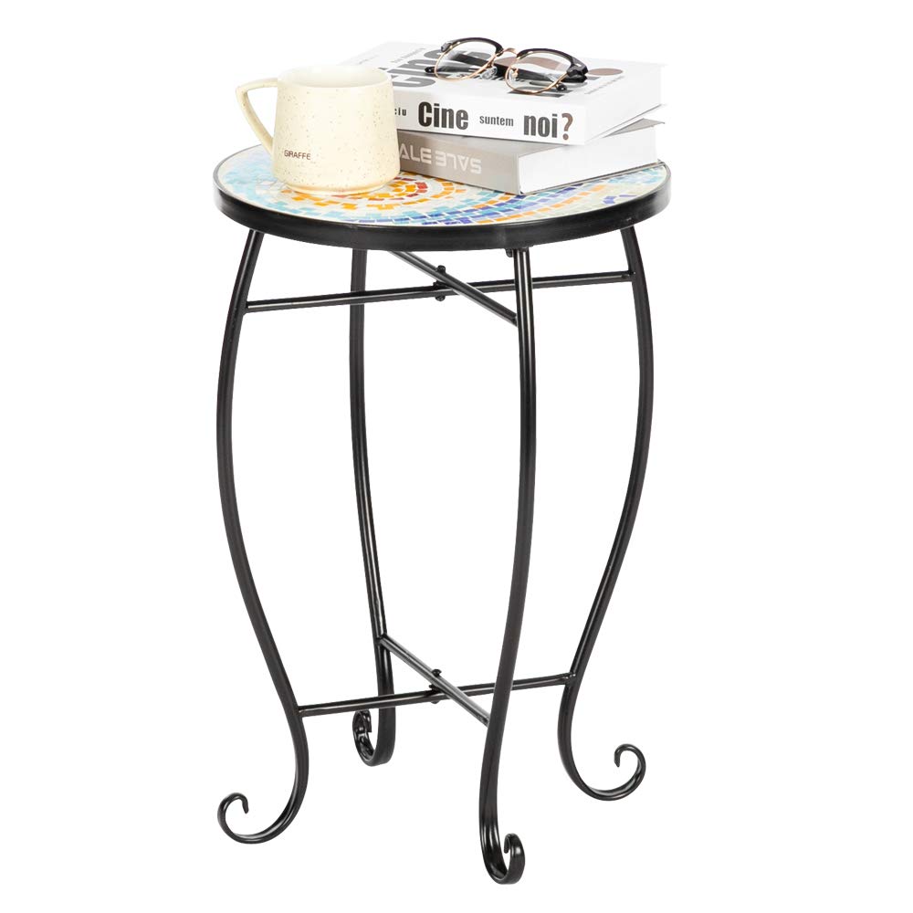 GBNIJ gt5-ly Blue Hawaii Inlaid Stained Glass Sun Mosaic Round Terrace Tavern Table, Suitable for Garden Plant Side Table, Any Beach Theme Decoration