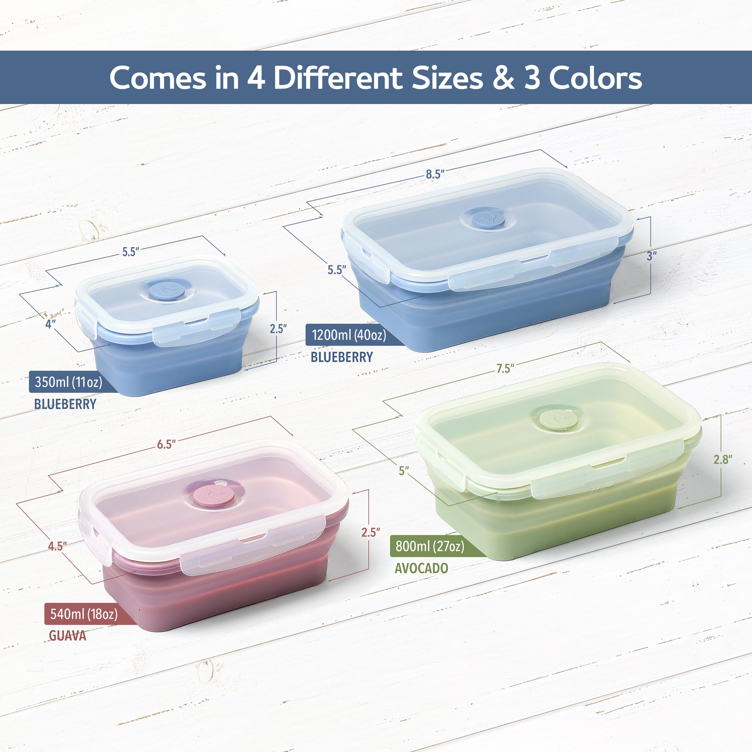 ICHC Set of 4 Collapsible Storage Containers - Space Saving Food Silicone Container, Flat Stacks, Travel Food Containers, Airtight Lunch Box With Lids, Stackable & Reusable