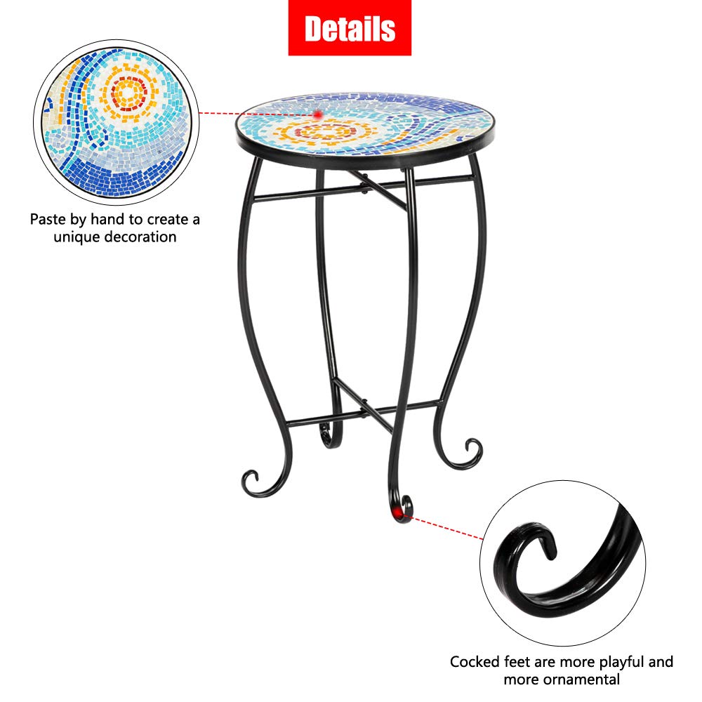 GBNIJ gt5-ly Blue Hawaii Inlaid Stained Glass Sun Mosaic Round Terrace Tavern Table, Suitable for Garden Plant Side Table, Any Beach Theme Decoration
